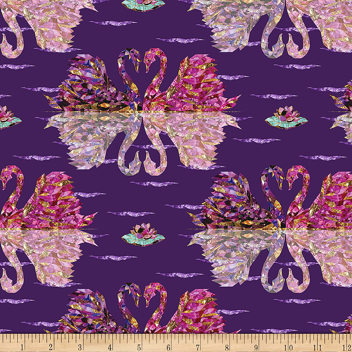 Swan Lake Digital Swans Purple, Fabric by The Yard