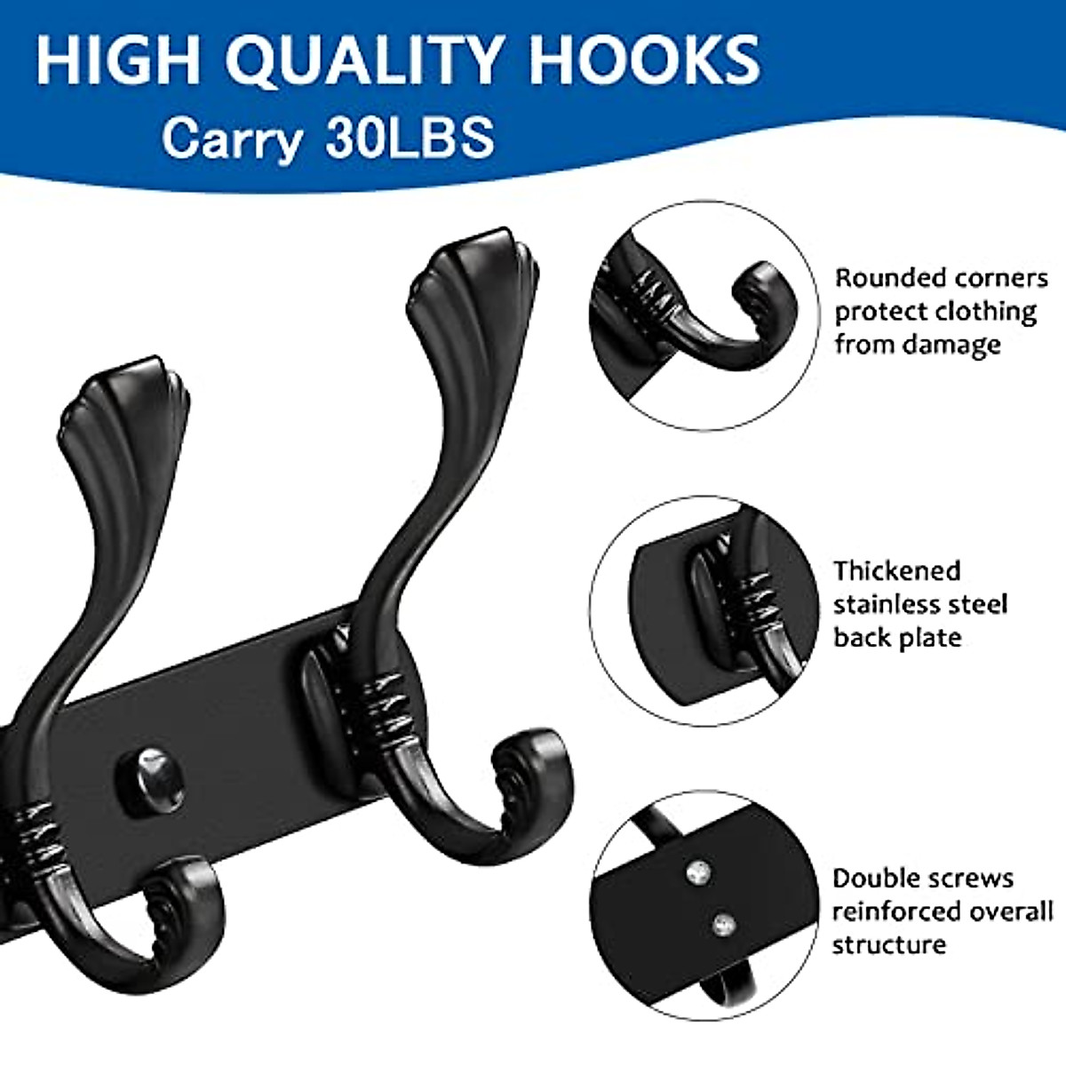 MOKANI Coat Rack Wall Mounted 2 Pack, Stainless Steel Wall Coat Hooks, Heavy Duty Metal Hook Rack Rail for Hanging Clothes Towel Coat Hat Key Robes Entryway Bathroom Kitchen (5 Hooks,Black)