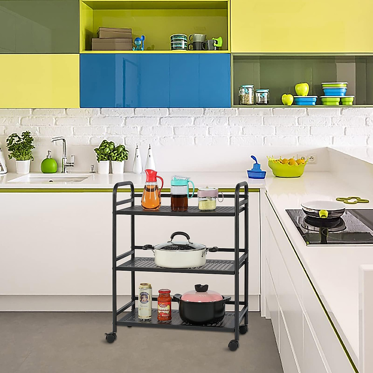 GYCZYCX 3-Tier Mesh Metal Rolling Cart,Multipurpose Heavy Duty Cart,Multipurpose Storage Rack,Utility Cart,High Capacity Cart with Locking Wheels (Black)