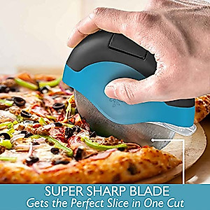 DECOSTYLE, Blue Pizza Cutter Wheel with Protective Blade Cover, improved, Super Sharp, Easy To Use and Clean, Slicer, Ergonomic Rubberized Grip, heavy dutty, Stainless Steel, Dishwater Safe