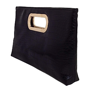 Crocodile Synthetic Leather Top Handle Clutch, BLACK Medium