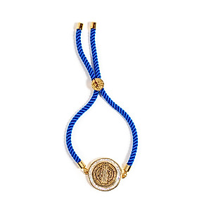 Alea Collection Catholic Blessed Saint Benedict Medal 18K Gold Plated Bracelet Blue String Religious Jewelry