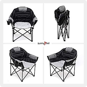 SUNNYFEEL Oversized Heated Camping Chair, Padded Camp Chair Round Moon Saucer Folding Lawn Chair Outdoor Club Chair Heavy Duty 500 LBS with Cup Holder, Armrest for Lounge Patio