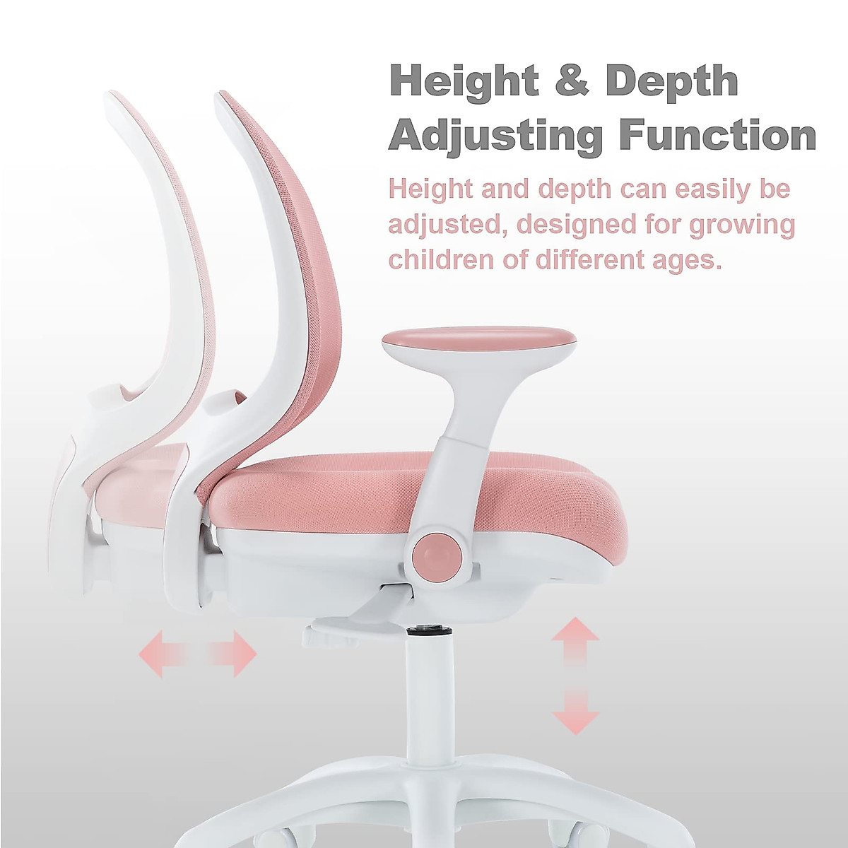 QualiSky Kids Desk Chair, Boy's Girl's Child Children Study Office Computer Chair, Ergonomic Design, Adjustable Height and Seat Depth (Peach Pink W/Armrests)