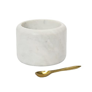 Creative Co-Op Marble Pinch Pot with Brass Spoon, Set of 2 Serveware, 4"L x 4"W x 3"H, White
