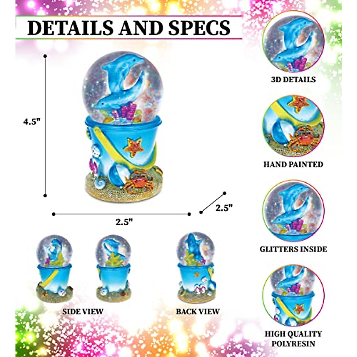 COTA Global Dolphin Sand Bucket Snow Globe - Water Globe Figurine with Sparkling Glitter, Collectible Novelty Ornament for Home Decor, for Birthdays, Christmas, and Valentine's - 65mm