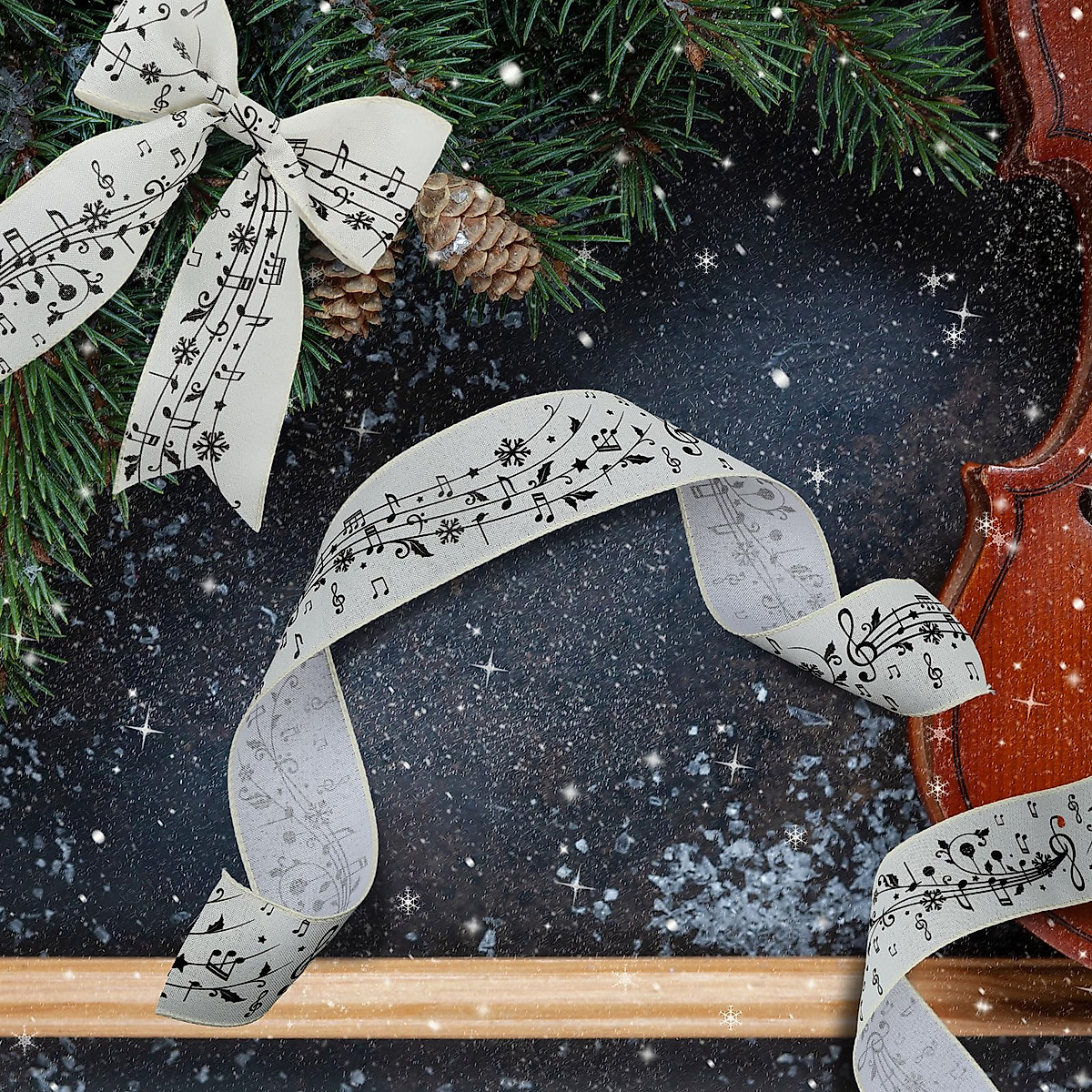 Handicraft Ribbon 2.5 Inch 20 Yards Christmas Note Ribbon Music Theme Ribbon Binding Ribbon Roll Gift Packaging DIY Crafts Wedding Birthday Holiday Backing Packaging Supplies, Ivory and Brown.