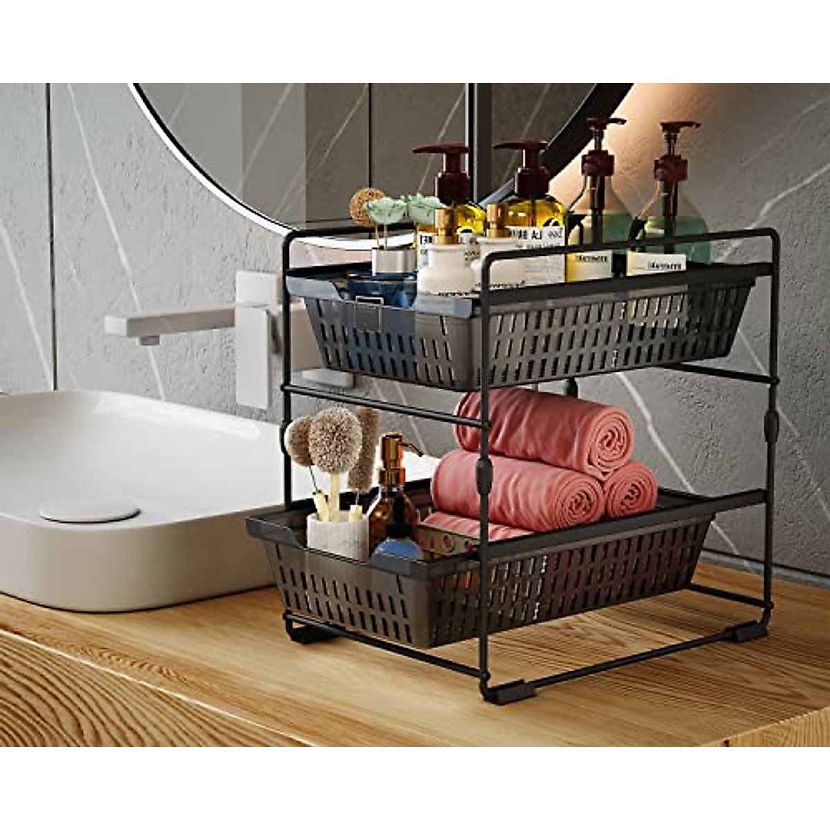 junyuan Under Sink Organizers and Storage,Bathroom Countertop Organizer,Pull Out Cabinet Organizer Baskets with Dividers,Black