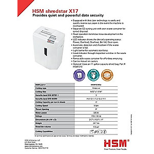 HSM shredstar X17, 17-Sheet Cross-Cut Paper/CD/Card Shredder, P-4 Security Level, 6.9 Gallon, White