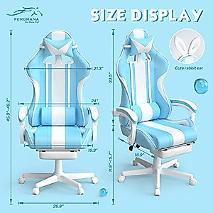 Ferghana Light Blue Gaming Chair with Bunny Ear, Cute Massage Gaming Chairs for Adults & Teens, Office PC Gamer Chair with Footrest, Kawaii Computer Game Chair for Girls, Racing Reclining Silla Gamer