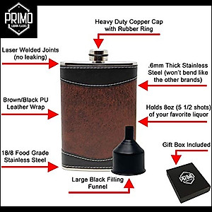 Primo Liquor Flasks Mens 8oz Stainless Steel Hip Flask for Liquor, Brown and Black