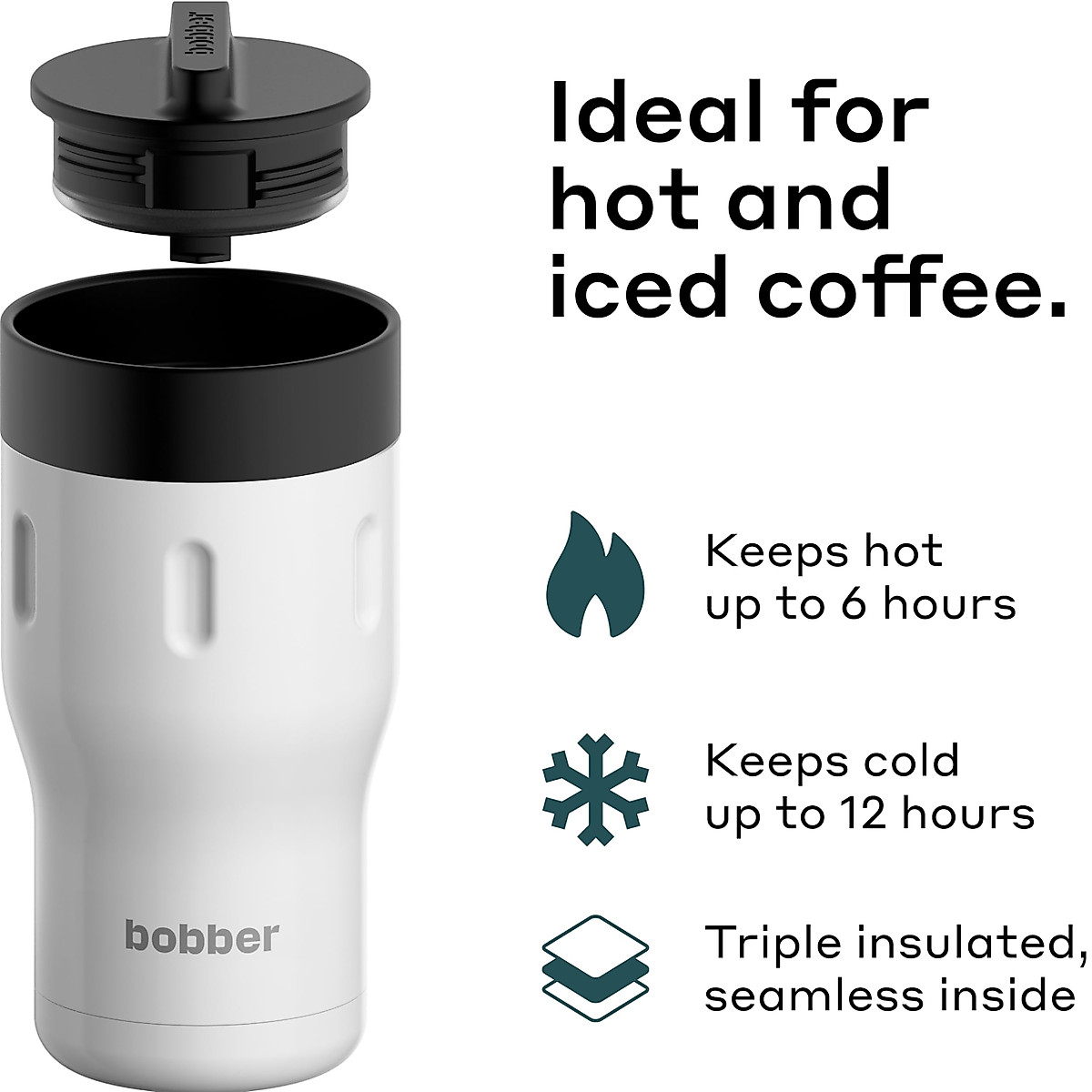 BOBBER 12 oz Stainless Steel Insulated Coffee Cup with Lid – 100% Spill-Proof Commuter Mug for Car Cup Holder – Dishwasher Safe Thermal Coffee Mug for Men, Women, Keeps Hot for 6 Hours (White)