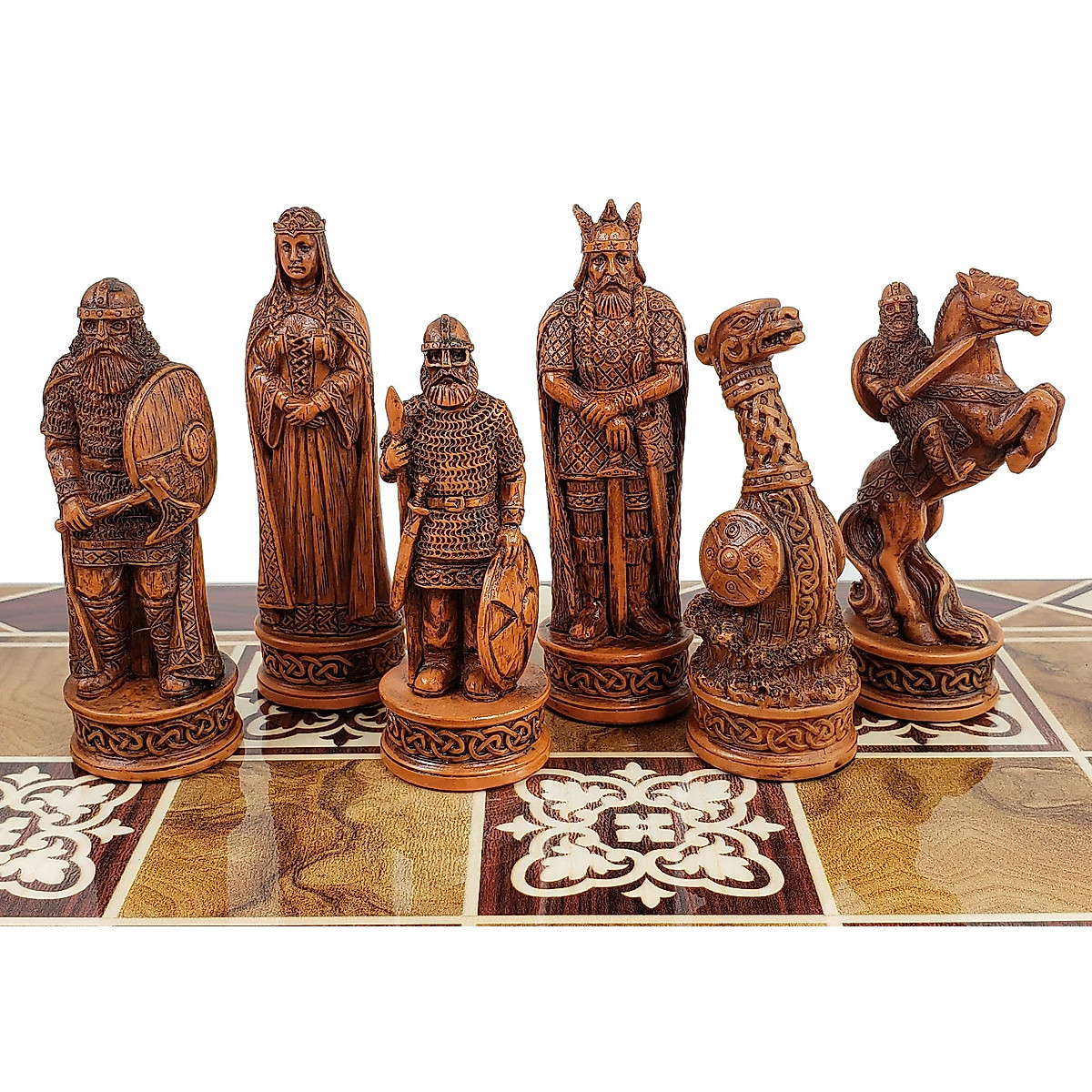 Antique Ivory & Brown Norse Viking Chess Set with 17" Burlwood Color Board