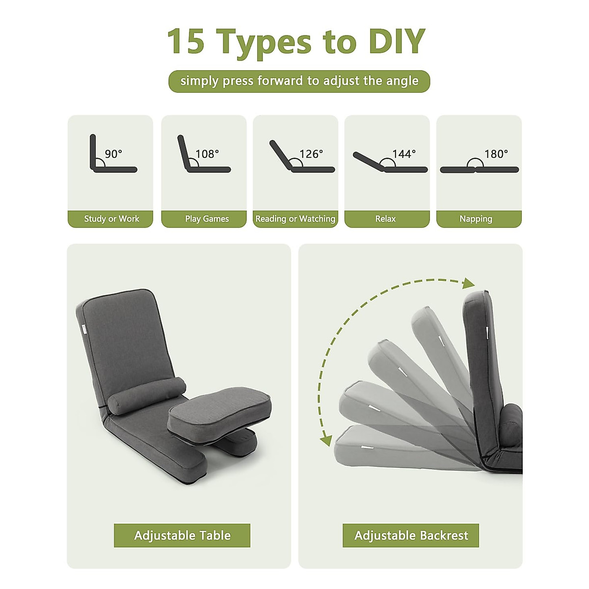 VLIVE Convertible Sleeper Sofa Chair - Adjustable Single Couch with Table & Pillow, Multifunctional Folding Chair Bed for Living Rooms, Bedroom, Small Apartment and Studios, Grey