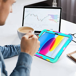 TIRIN New iPad 10th Generation Case 2022, iPad 10.9 inch case with Built-in Screen Protector & Pencil Holder & Rotating Hand Strap Stand Shockproof Protective Case for iPad 10th Gen 10.9, Aqua Teal