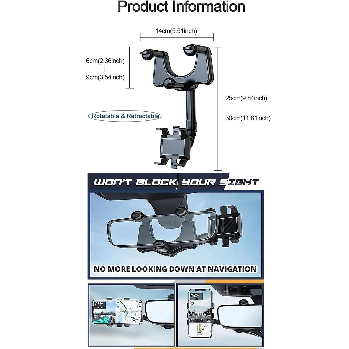 2022 Rotatable and Retractable Car Phone Holder - Rear View Mirror Phone Holder, Car Phone Holder Mount 360-degree Rotation Adjustment, Easy to Install and Remove for All Mobile Phones and All Car