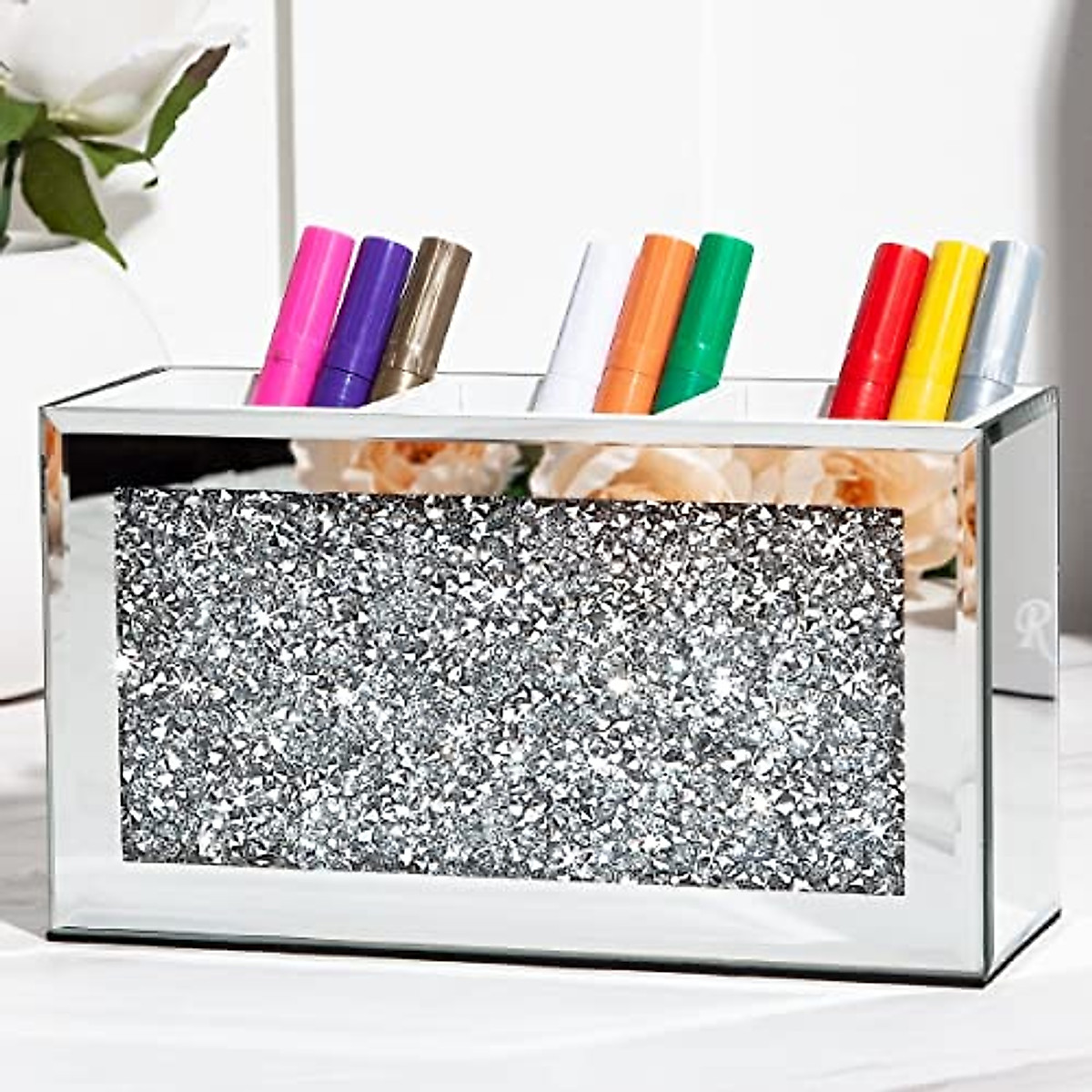 SHYFOY Mirrored Makeup Brush Holder Organizer, 3 Slot Glass Cosmetics Brushes Storage Holders with Crystal Crushed Diamond, Cute Pen and Pencil Holder for Desk, Eyeliners Display Case for Vanity