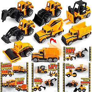 JOYIN 28 Pack Valentines Party Gift Cards with Mini Construction Vehicle Toy Set for Kids Valentine's Classroom Exchange Prizes Valentine Party Favor Toys Including Dump Truck, Excavator and More