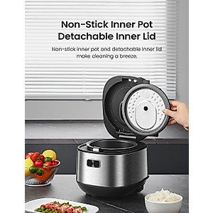 COMFEE' Compact Rice Cooker 8 Cups Cooked/4 Cups Uncooked, 9-in-1 Multi Cooker, Fast Rice Maker, Steam, Brown Rice, Grains, Fuzzy Logic Technology, Grey