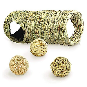 Meric Hideaway Seagrass Tunnel with Balls, 3 Fun Ball Textures, Perfect for Guinea Pig, Degu, and More, 3 Entrances Makes This Ideal for Multiple Pets, 2 Balls Have Soft Jingly Bells
