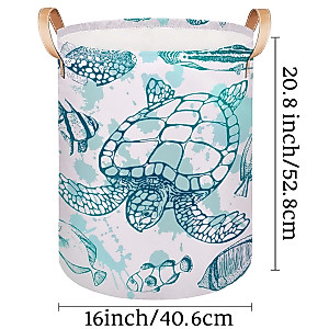 Large Laundry Hamper Basket Sea Turtle Ocean Theme Round Collapsible Storage Organizer Bin for Kids, Boys, Nursery, Closet, Bedroom, Playroom, Toys, Dirty Clothes, 16"W x 20"H