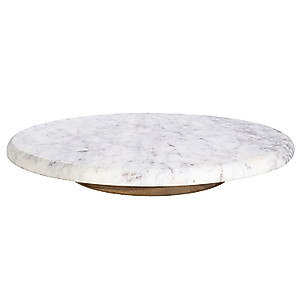 MyGift 11 Inch Natural White Marble with Acacia Wood Base Lazy Susan Serving Tray - 360 Degree Rotating Spice and Condiment Turntable - Handcrafted in India