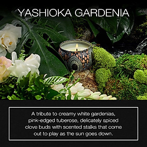 Voluspa Yashioka Gardenia, Mini Tin Candle, 4 oz, 25 Hour Burn Time, All Natural Wicks and Coconut Wax for Clean Burning, Vegan, Poured in the USA