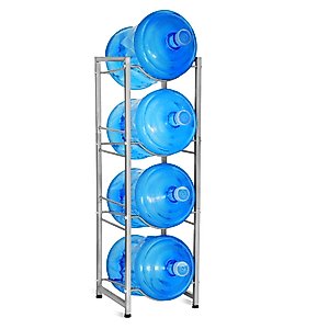 MONKEMON 4 Tier 5 Gallon Water Bottle Holder (Silver) - 4 Bottle Capacity, Carbon Steel, Spill-Resistant Design, Kitchen, Office, Garage, Shop, Homes, Schools, Gyms, Factories