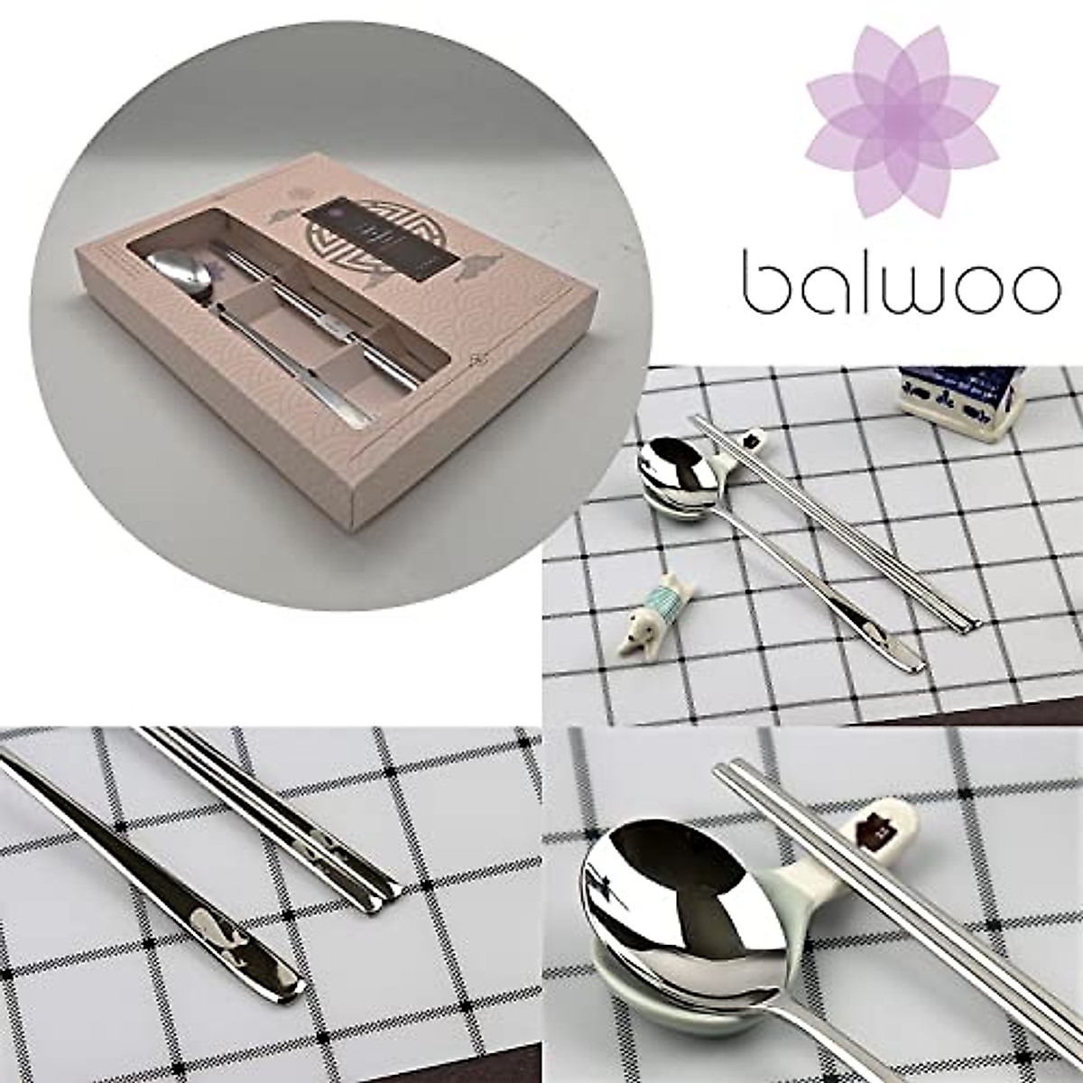 BALWOO Whale Design Korean Traditional Table Sticky Rice Spoon and Chopsticks Mukbang Cutlery 430 Stainless Steel
