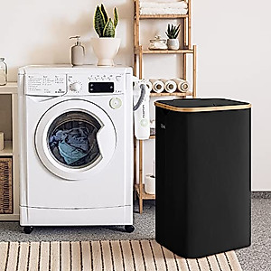 Bellzacasa Laundry Hamper with Lid, Black 100L Large Washing Basket for Laundry with Handles Laundry Basket for Bedroom Bamboo Bathroom Bin