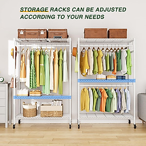 LEHOM G1L 3 Tiers Garment Rack with Storage Shelves, Heavy Duty Rolling Free-Standing Clothing Rack Closet Organizer with Double Rods/Lockable Wheels & 2 Side Hooks, Max Load 450 LBS, White