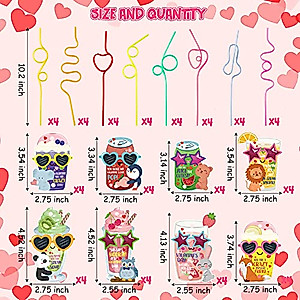 3sscha 32 Packs Valentine’s Day Cards with Crazy Straws for Kids, Sweet Drink and Cute animal Card, Reusable Plastic Loop Straw, Valentine Exchange gifts for Classroom School Party Supplies Game Prize