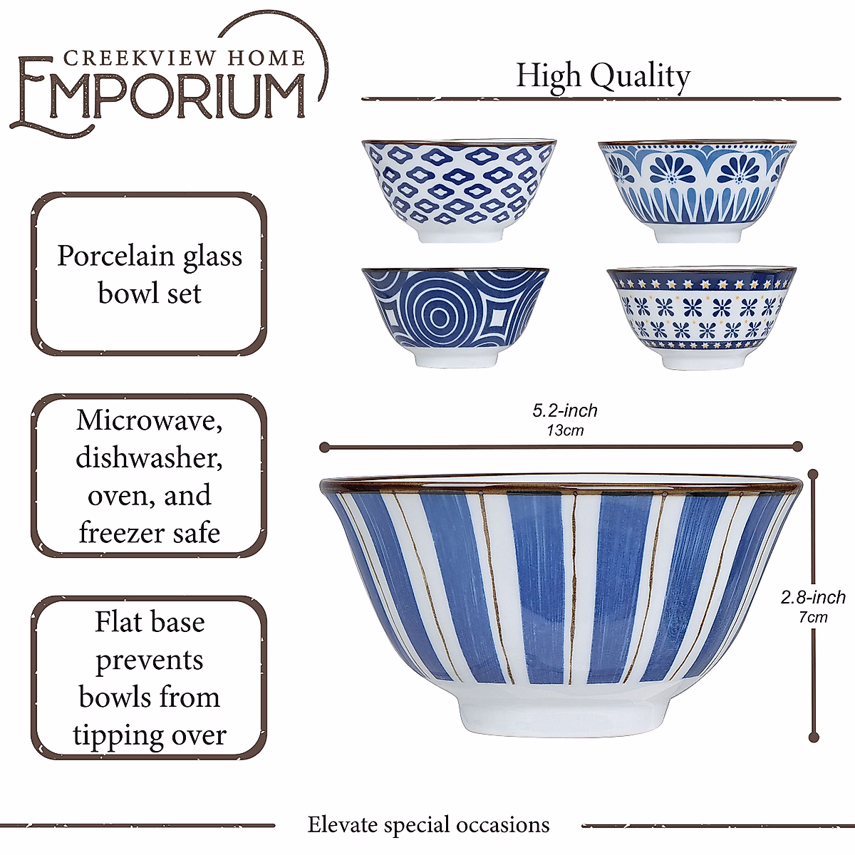 Creekview Home Emporium Ceramic Bowl Set - 5pc Blue and White 10oz Glass Small Serving Bowls for Eating or Decoration