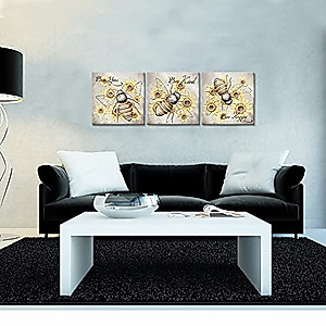 iHAPPYWALL 3 Pieces Honey Bee Canvas Wall Art Insect Bee Yellow Sunflower Bee Kind Happy Bee You Motivational Quotes Artwork for Kitchen Bedroom Modern Home Decor Framed Ready to Hang 12x12inchx3pcs