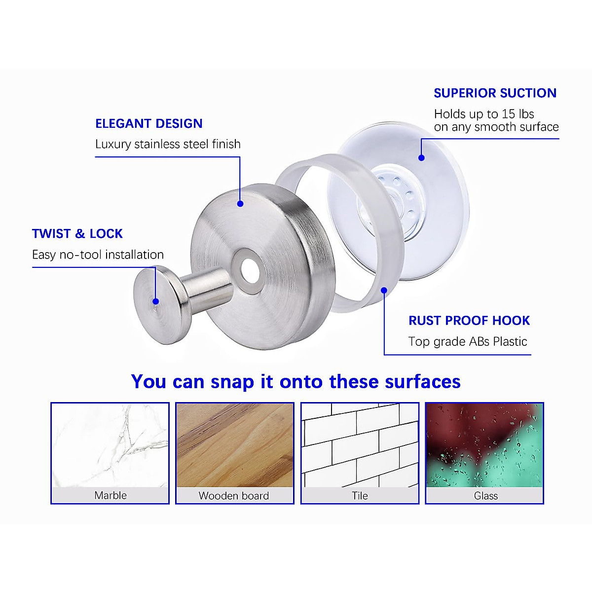 ONUNWU Luxe Hold No-Drill Hooks, Upgraded Suction Cup Hooks for Shower, Removable Reusable Stainless Steel Waterproof Suction Cup Hooks, Shower Hooks for Kitchen,Glass,Window,Mirror (2, Rose Gold)