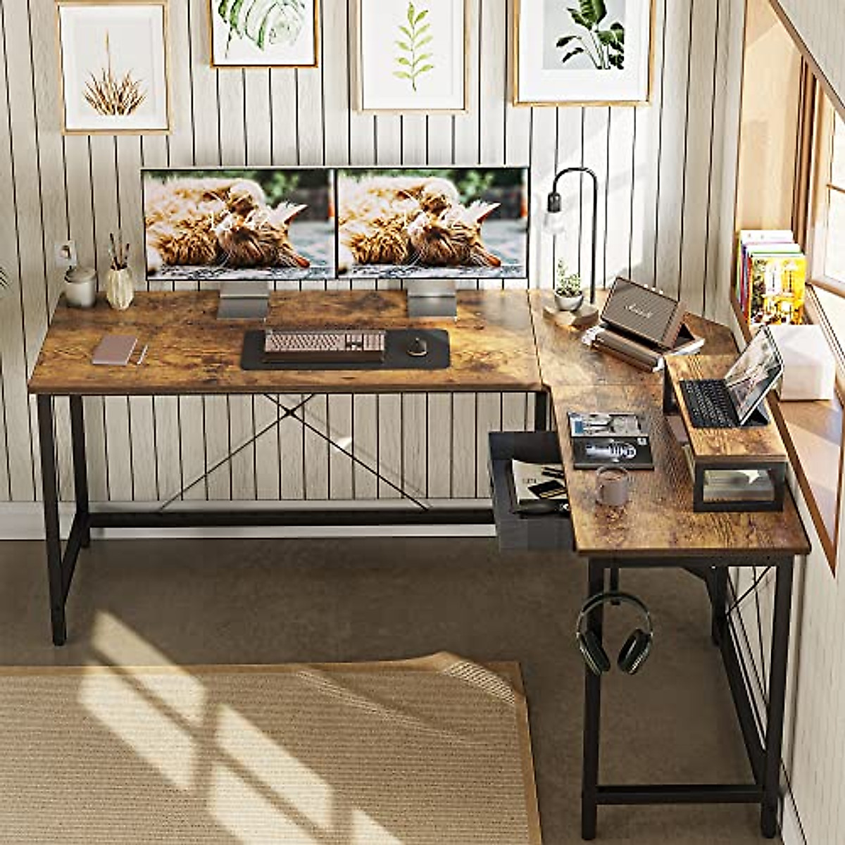 CubiCubi 66 x 47 inch L-Shaped Desk Computer Corner Desk, Home Office Gaming Table, Sturdy Writing Workstation with Small Table, Space-Saving, Easy to Assemble, Rustic Brown