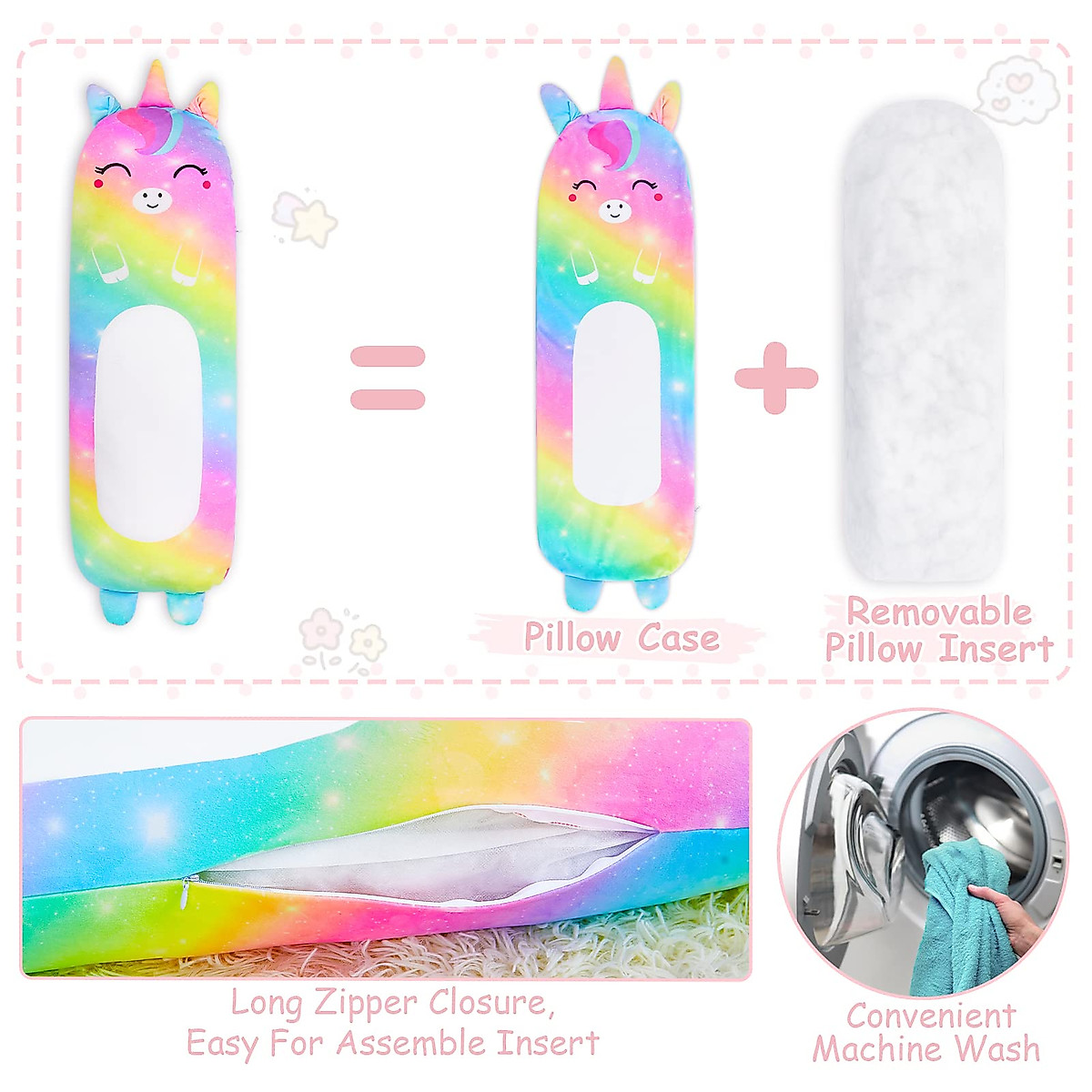 Body Pillow for Kids Girls Long Unicorn Pillow Soft Plush Unicorn Stuffed Animals with Removable Insert, 33 Inch, Rainbow