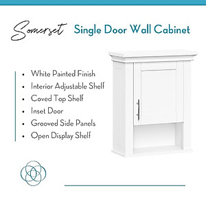 RiverRidge Somerset Single Door Wall Cabinet - Bathroom Medicine Cabinet with Inset Door, Coved Top Shelf, 2 Interior Shelves & Open Display Shelf – Elegant Bathroom Cabinet for Expanded Storage