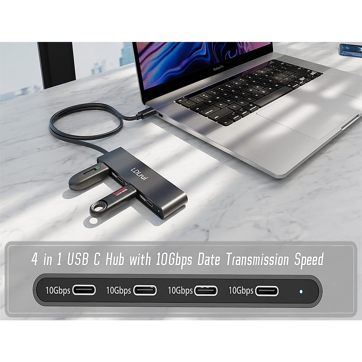4-Port USB C Hub,USB C to USB C Hub,10Gbps USB C Splitter for Laptop [Data Transfer Only],USB C 3.2 Multiport Adapter for iPhone 15 Pro/Pro Max,MacBook Air/Pro,Mac Mini,iMac,Dell XPS