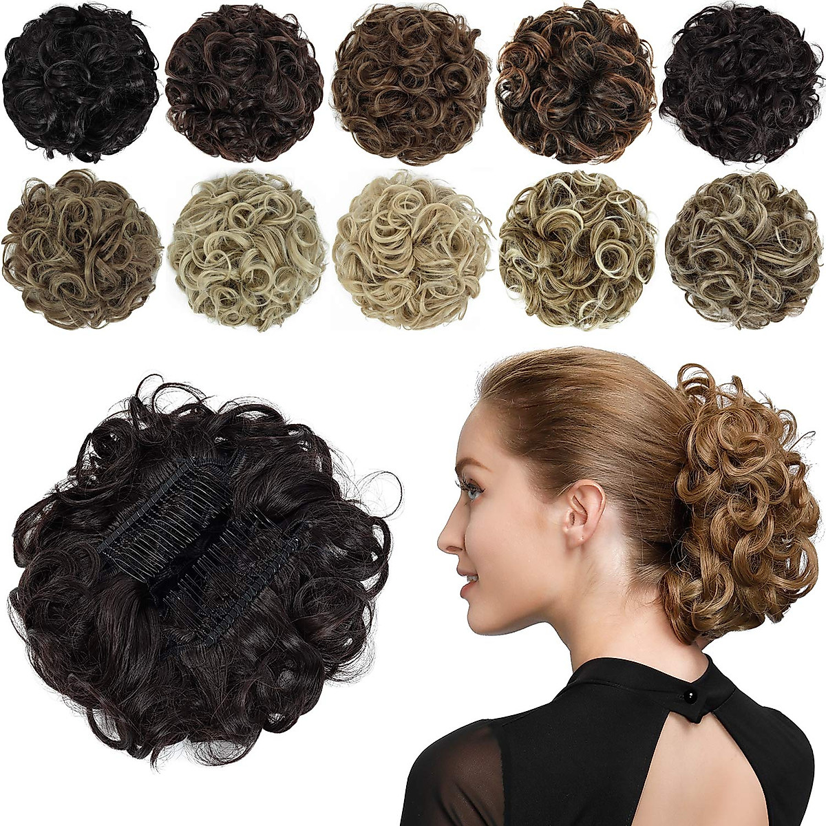 Rose bud Chignon Hairpiece Curly Bun Extensions Scrunchie Updo Synthetic Combs in Messy Bun Hair Piece for Women Dark Brown