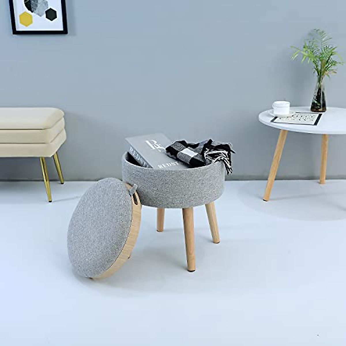 SOFT ASS Multi-Functional Round Storage Ottoman Footrest with Coffee Table Tray, Light Grey Linen with Detachable Wooden Feet/Footstool for Bedroom, Study and Living Room (Light Grey1)