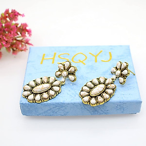 Vintage Boho Statement Drop Earrings Oval Imitate Turquoise Ethnic Charms Flower Dangle Earring for Women Jewelry Gift (white)