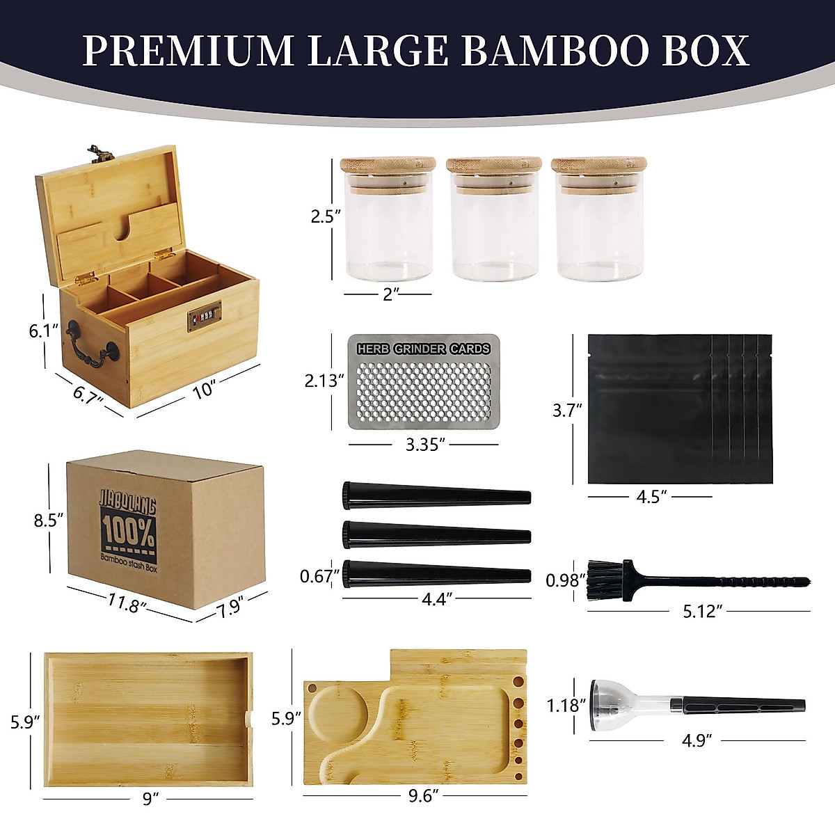 Premium Large Bamboo Box with Combination Lock & Hidden Drawer, Secret Storage Stash Box,Upgraded with Handle, 5 Smell Proof Bags, 3 Glass Jars, 3 Tube, Brush, Grinder Card, Cone Funnel Rolling Kit