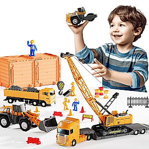 iPlay, iLearn Kids Construction Toys Truck Set, Boys Engineering Vehicle Playset, Crane Transport Trailer, Bulldozer Forklift for Sandbox Site, Birthday Gift for Age 3 4 5 6 Years Old Toddler Children