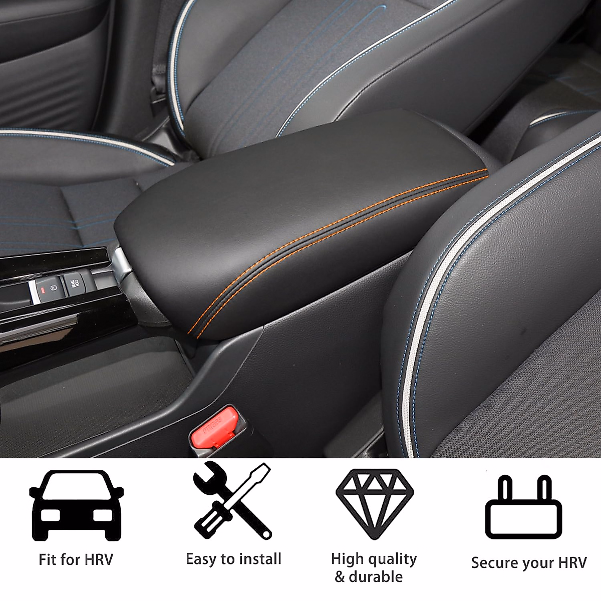 LOCOY Center Console Armrest Cover for Honda HRV Accessories 2023 2024 2025, for HR-V Arm Rest Box Lid Protection Trim, Armrest Seat Leather Interior, Middle Console Liner (Orange Stitches)