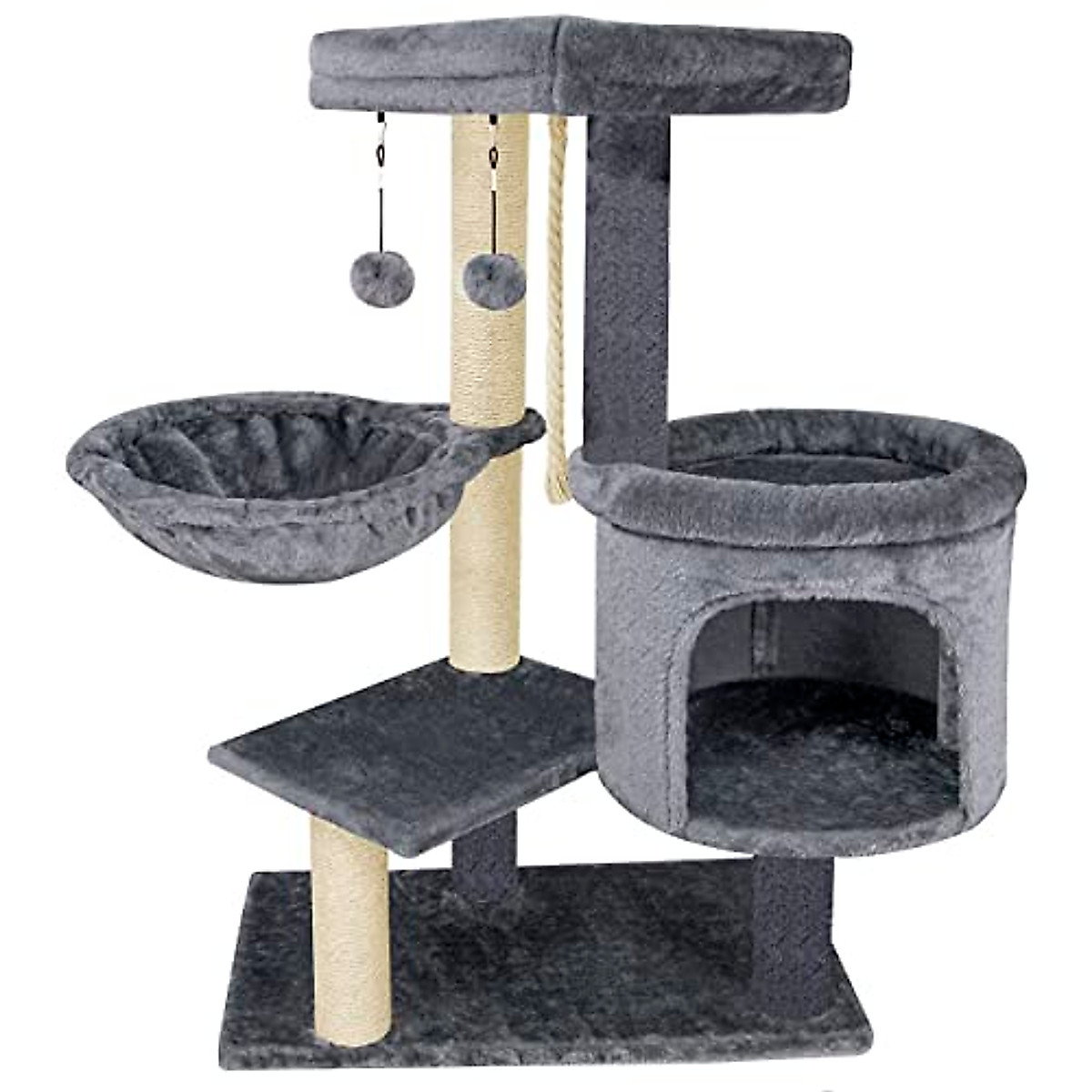 Youpet Fashion Design Cat Tree with Cat Condo Hammock and Two Replacement Hanging Balls,Grey