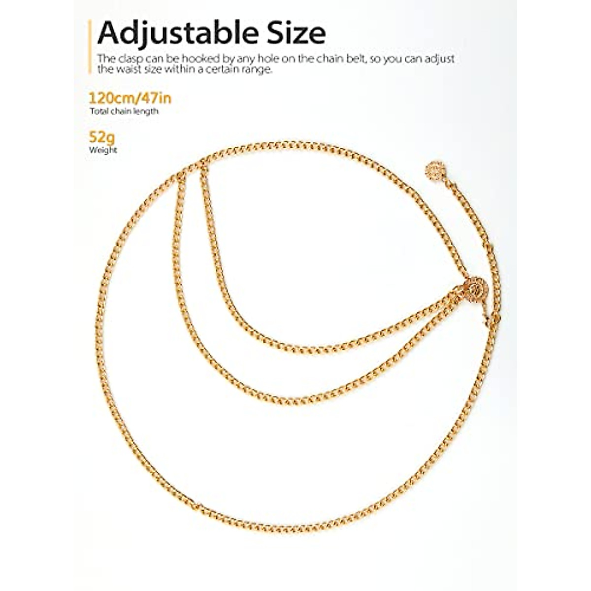 FIORETTO Chain Belt for Women Metal Waist Belts Fashion Multilayer Chain Belts for Dress Sun Gold Length 47in