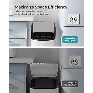 SONGMICS 13-Gallon Dual Kitchen Trash Can, 5.3 and 8 Gallon Compartments, Garbage Can with Wing Lids, Stainless Steel, Soft Close, Inner Buckets, Cloud White and Metallic Silver ULTB570W50