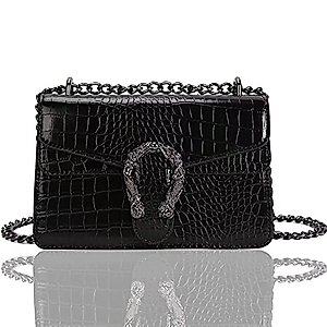 Chain Crossbody Shoulder Bags For Women-Snake Printed Leather Messenger Bag Evening Handbag Chain Strap Shoulder Satchel (Black)