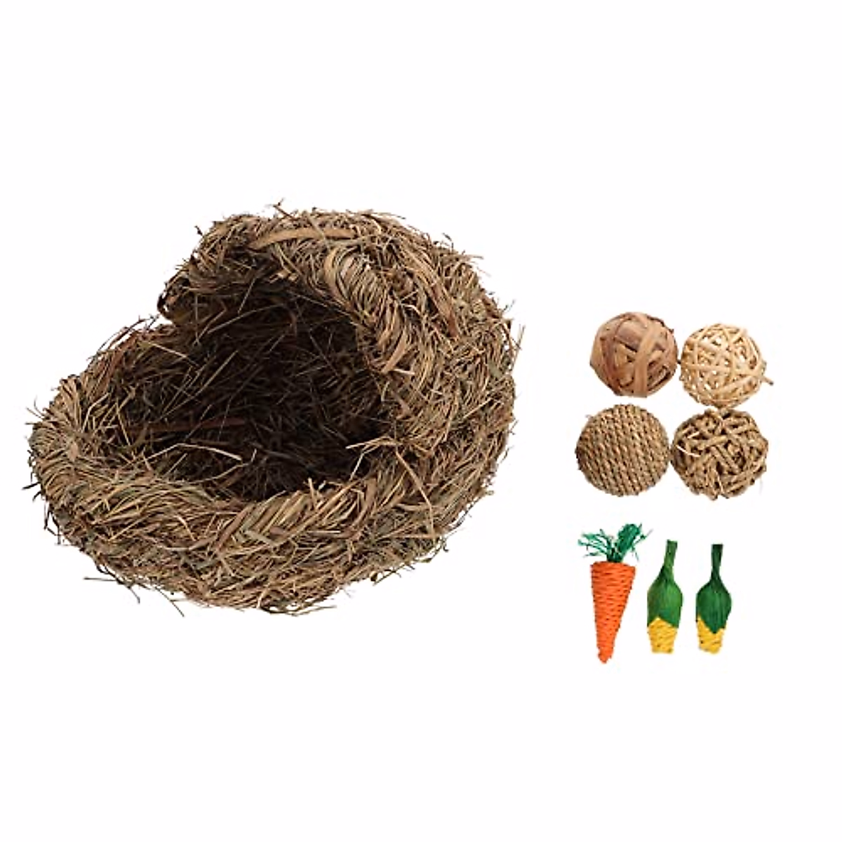 balacoo 1set Rabbit Bed Hut Bunny Mat House Sleeping Pet Hamsters Woven Hideaway for Grass Chew Natural Toys Pigs Bedding Small Chinchilla Ball Straw Playhouse Hand-Woven with Nest Guinea